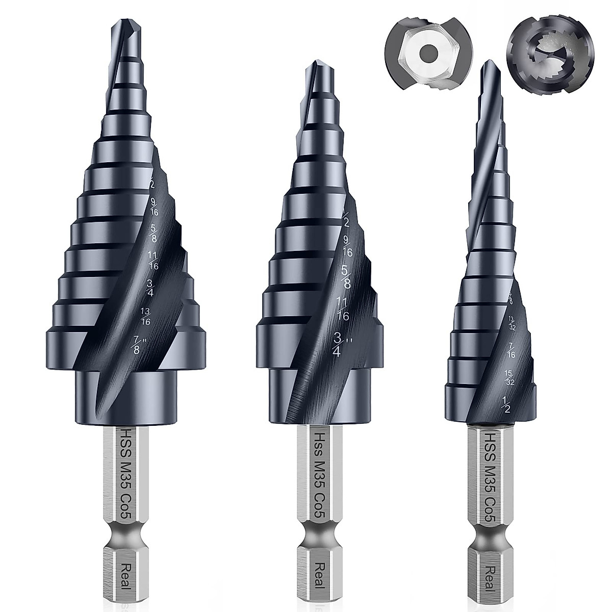 MACXCOIP Upgrade M35 Cobalt Step Drill Bit with Ultra TiAIN Coating, 1/8"-7/8" (3PCS) Unibit Step Bit with Double Sprial Flute, 1/4" Hex Shank for Metal, Stainless Steel, Aluminum, Copper, Wood