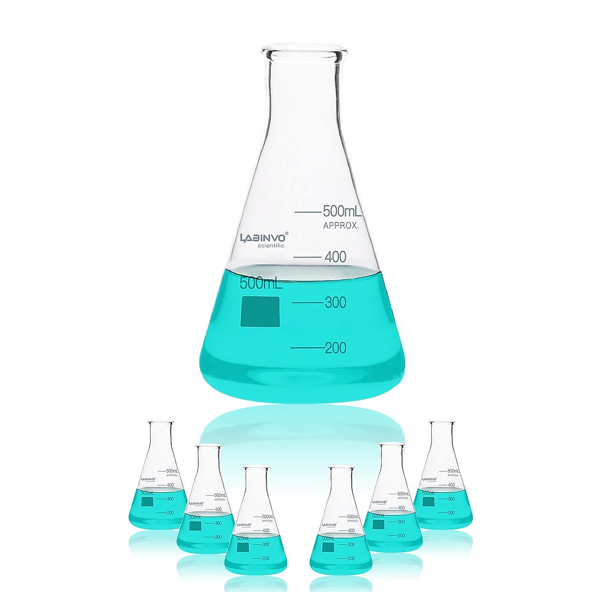LABINVO 500ML Glass Erlenmeyer Flask, Narrow Mouth Graduated Conical Flask with Marking Spot, 6pcs of 3.3 Borosilicate Glass Flask Set, IN-EFN500