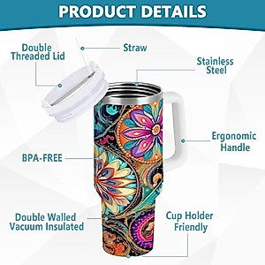 Jihqo Colorful Oriental Textile Tile 40 oz Stainless Steel Vacuum Insulated Tumbler with Handle and Straw Lid, Leakproof Water Bottle Double Wall Travel Mug Coffee Cup, Cupholder Friendly