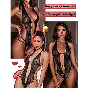 Avidlove Womens Lingerie One Piece Teddy Sexy Halter Lace Bodysuit Mini Babydoll Black Small