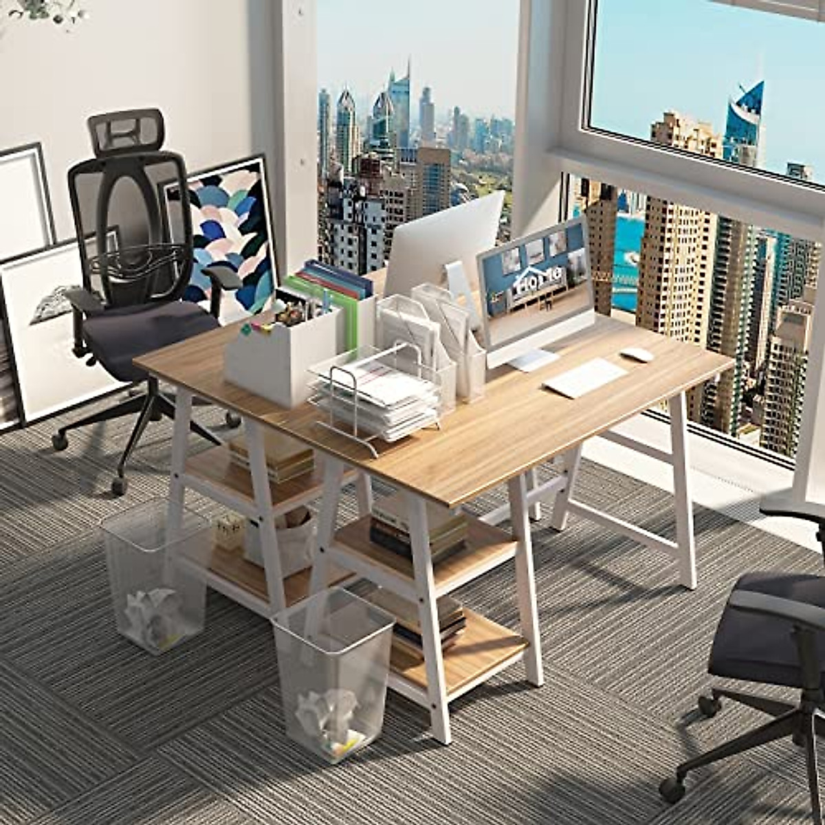 SogesHome Computer Desk 47inches Trestle Desk PC Desk with Shelf Office Desk Workstation for Home Office Use Writing Table, Oak, Tplus-120OK-SH