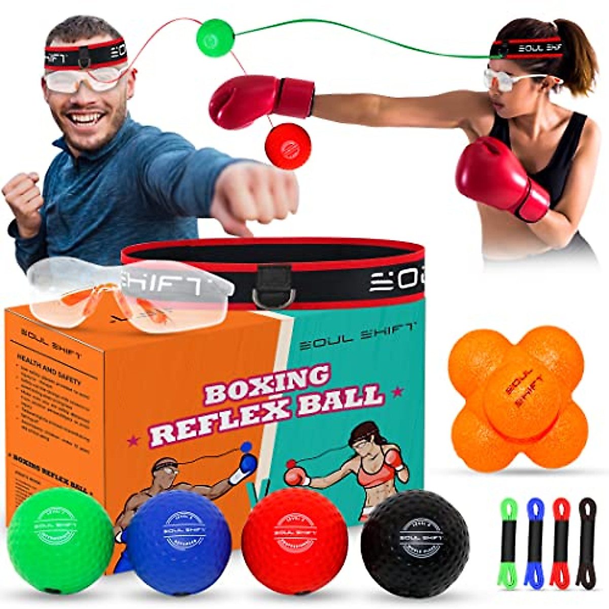 Soul Shift - 4 X Boxing Reflex Balls and Reaction Ball and Safety Glasses - Hand Eye Coordination, Boxing Reflex Ball Headband, Boxing MMA Training Equipment, Punching Ball