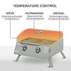 Outsunny 2 Burner Propane Gas Grill Outdoor Portable Tabletop BBQ with Foldable Legs, Lid, Thermometer for Camping, Picnic, Backyard, Light Grey