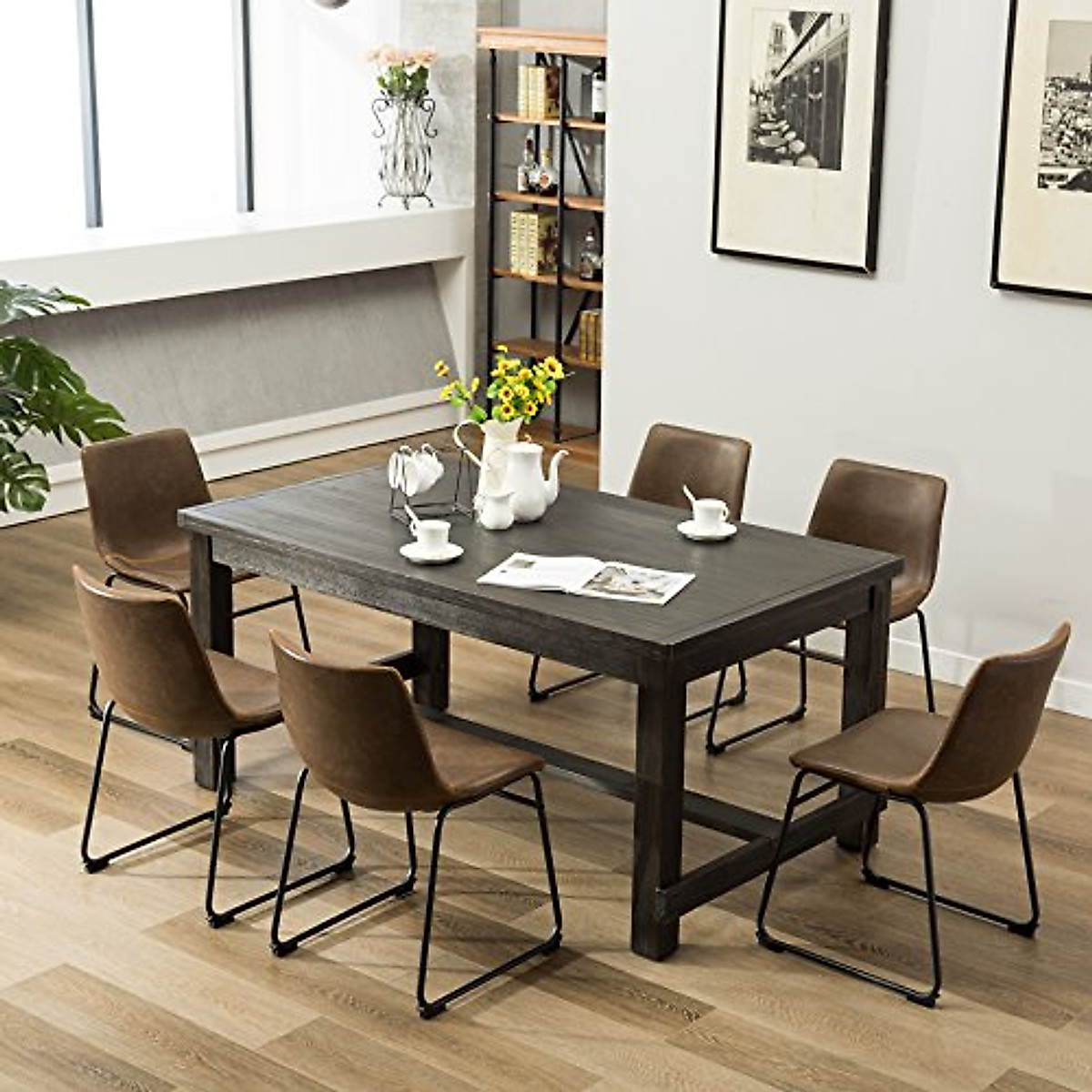 Roundhill Furniture 7 Piece Lotusville Wood Dining Table With Chairs Set, Vintage Brown