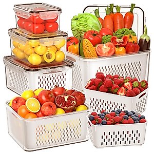 5 PCS Large Fruit Storage Containers for Fridge with Removable Colanders, Airtight Food Storage Containers with 5 Lids, 4 in 1 Produce Containers Keep Berry Fruits Vegetable Food Meat Fresh Longer