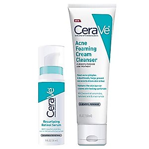 CeraVe Acne Treatment Face Wash and Retinol Serum Bundle | Contains One Acne Foaming Cream Cleanser (5 Ounce) and One Brightening Facial Serum for Post-Acne Marks and Pores (1 Ounce)