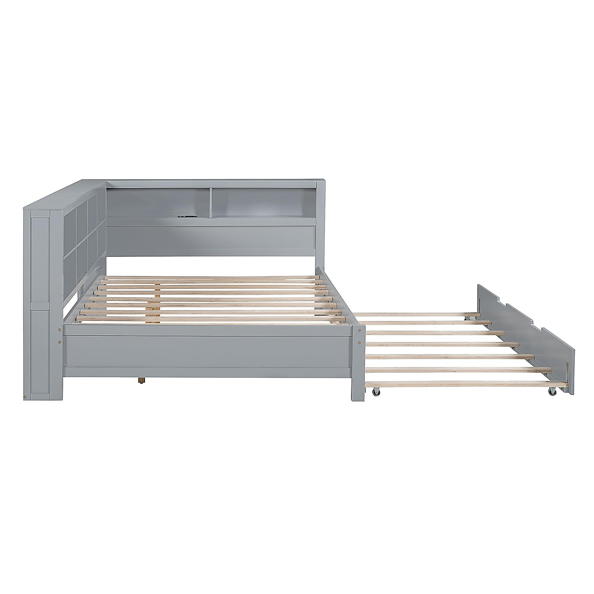 Hlcodca Wooden Full Size Daybed with Twin Size Trundle, Daybed with Storage Shelf and USB Charging Ports, for Kids Teens Adult Bedroom (Gray/Full + Daybed)