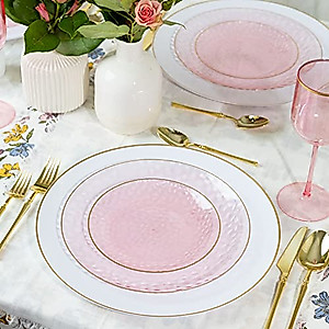 PARTY BARGAINS 7" & 10" Organic Collection Hammered Salad and Dinner Plates Combo with Gold Rim – Transparent Pink, 32-Pack Disposable Plastic Tableware for Birthdays, Banquets, and Formal Events