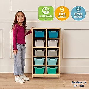 ECR4Kids 10 Cubby Tray Cabinet with Scoop Front Storage Bins, 5x2, Natural, Classroom Furniture, Clear