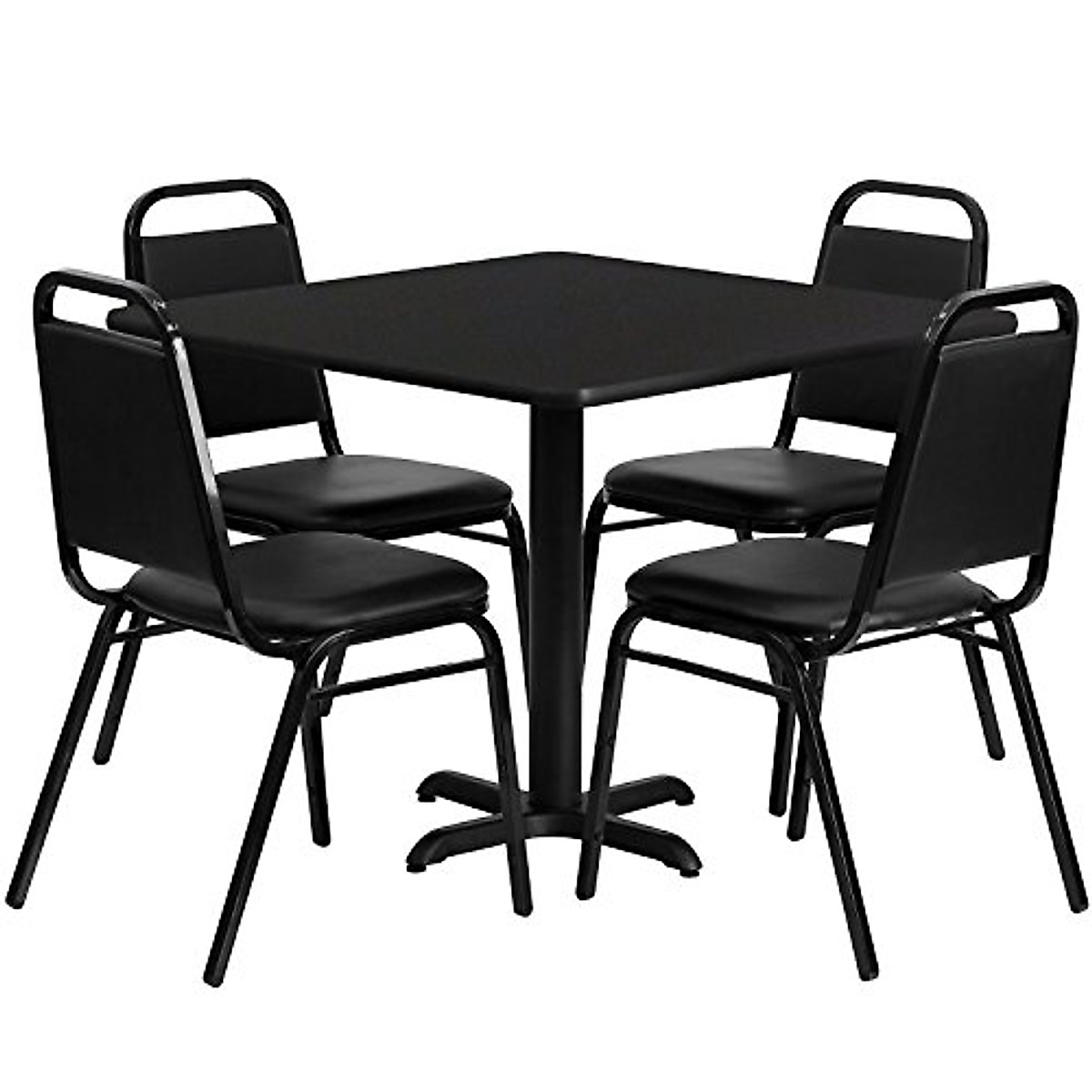 Flash Furniture Carlton 36'' Square Black Laminate Table Set with X-Base and 4 Black Trapezoidal Back Banquet Chairs