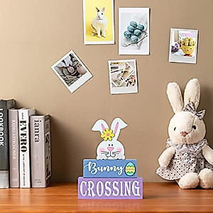 Easter Decorations for the Home, hogardeck Rustic Bunny Crossing Wood Sign 3-layer Wooden Egg Block Signs Table Centerpiece Farmhouse Easter Bunny Decor for Mantle Tabletop Tiered Tray Party