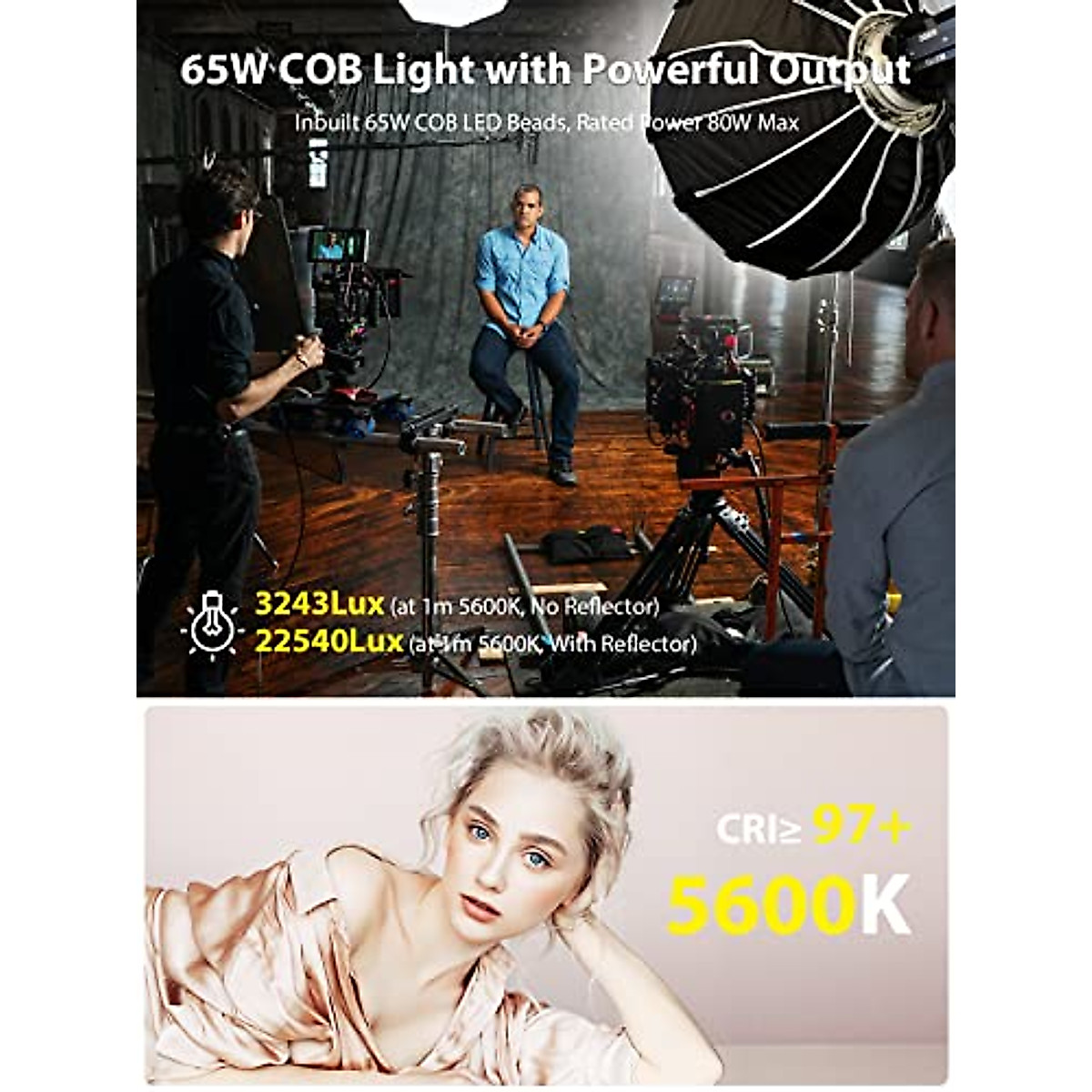 Video Light, COLBOR CL60M Studio Lights 65W 5600K CRI97+ Continuous Output Lighting 7 Light Effects with Bowens Mount APP Control Spotlight for Video Recording, Video-Light-LED-Photography-Lighting
