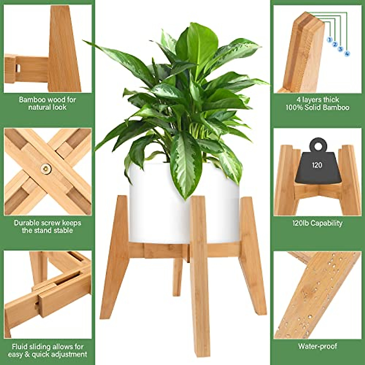 Adjustable Bamboo Plant Stand(8 to 12 inches), Mid Century Modern Plant Stand, Indoor Plant Holder Stands For 8 9 10 11 12 Inch Pot (Bamboo Plant Stand Only)