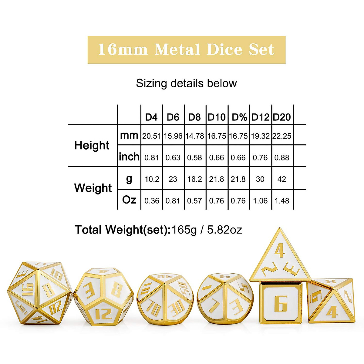 ALLCOLORED 16mm DND Metal Dice Set White Gold 7 Pieces Polyhedral Dice D&D with Metal Case and Velvet Bag for Playing Tabletop Roleplay Games Dungeons and Dragons