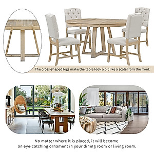 Lifeand 5-Piece Retro Functional Set, Round Table with a 16" w Leaf and 4 Upholstered Chairs for Dining Living Room,Natural