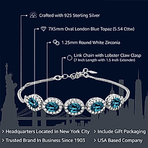 Gem Stone King 925 Sterling Silver London Blue Topaz Tennis Bracelet For Women (5.54 Cttw, Gemstone Birthstone, Oval 7X5MM, 7 Inch + 1.5 Inch Extender)