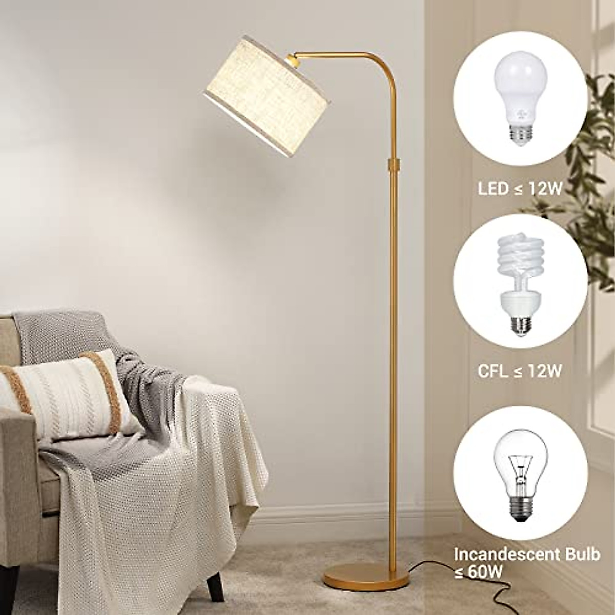 EDISHINE Modern Arched Floor Lamp, Arc Standing Tall Lamp with Adjustable Linen Lampshade, Corner Reading Light for Living Room, Bedroom, Office, 62" (Gold)