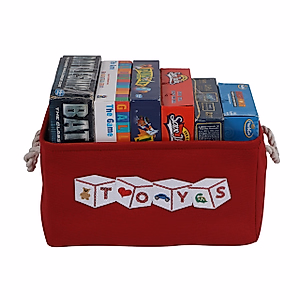 Toy Storage Basket Bin for Organizing Baby, Kids, Dog Toys, Children Books. Red Canvas Box Organizer w/Attractive White Patch for Playroom, Nursery