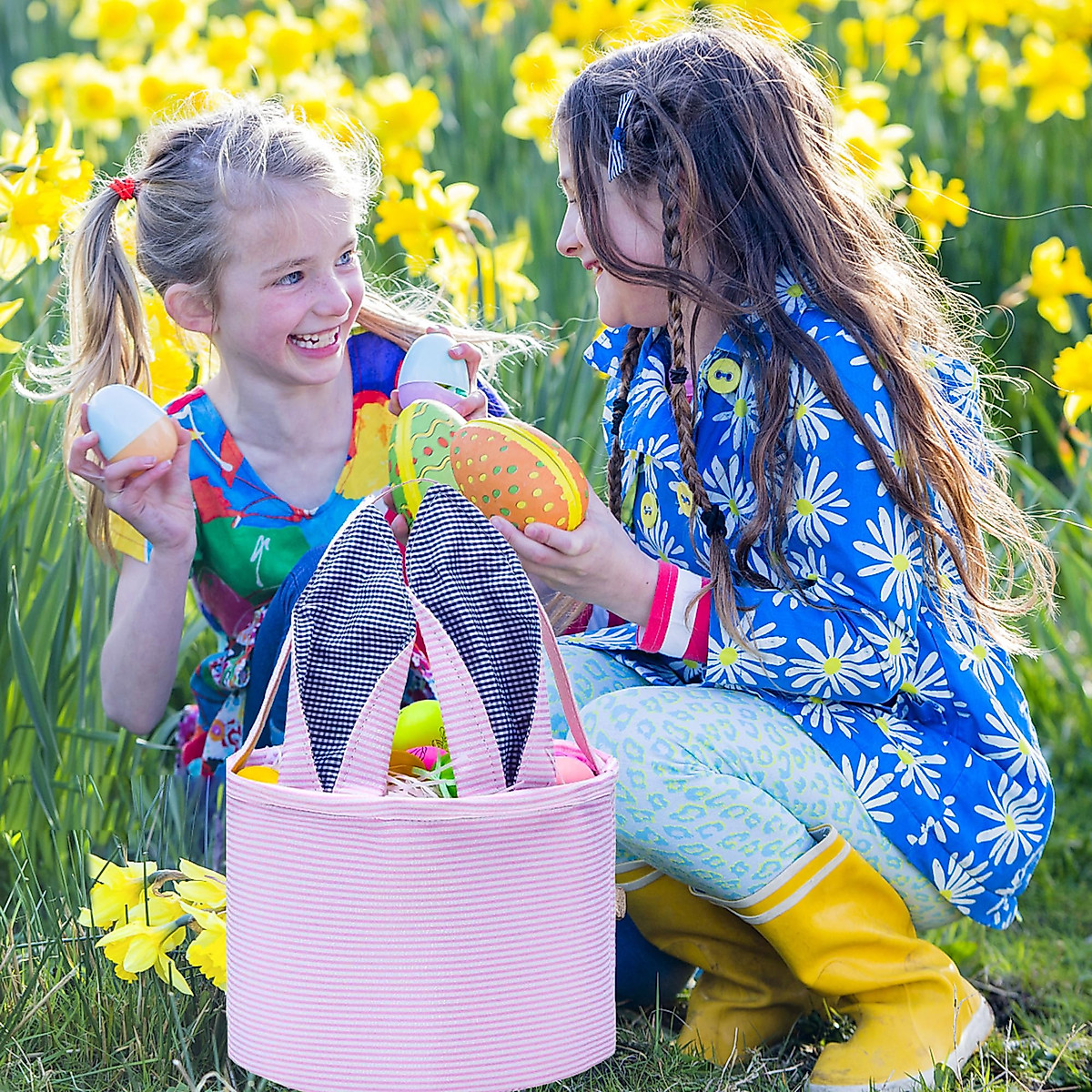 Easter Bunny Basket Seersucker Egg Bags for Kids,Personalized Candy Egg Basket Rabbit Print Buckets with Fluffy Tail Gifts Bags for Easter（Seersucker Pink）……