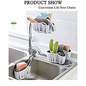 Sink Caddy Sponge Holder for Kitchen Sink Faucet Hanging Sink Sponge Caddy Organizer for Sponge, Brush, Soap, Silicone Plastic Saddle Faucet Flexible Caddy with Drain Holes for Drying,Double White