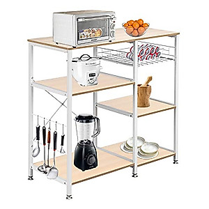 Baker's Rack 3 Tier Utility Storage Shelves with 5 Hooks Standing Storage Rack Floor Spice Rack Storage Shelf Organizer and Shelving Heavy Duty for Kitchens Microwave Living Room Bedroom (White)
