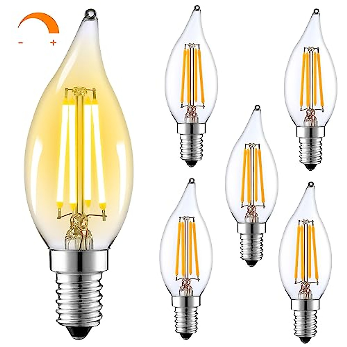 LONIUTO LED Light Bulbs 60 Watt Equivalent, Vintage LED Flame Tip Candelabra Bulb, E12 LED Bulb Dimmable 2700K Soft Warm White, E12 LED Bulb Clear Glass, for Chandeliers, Ceiling Fan, Pendant, 6 Pack