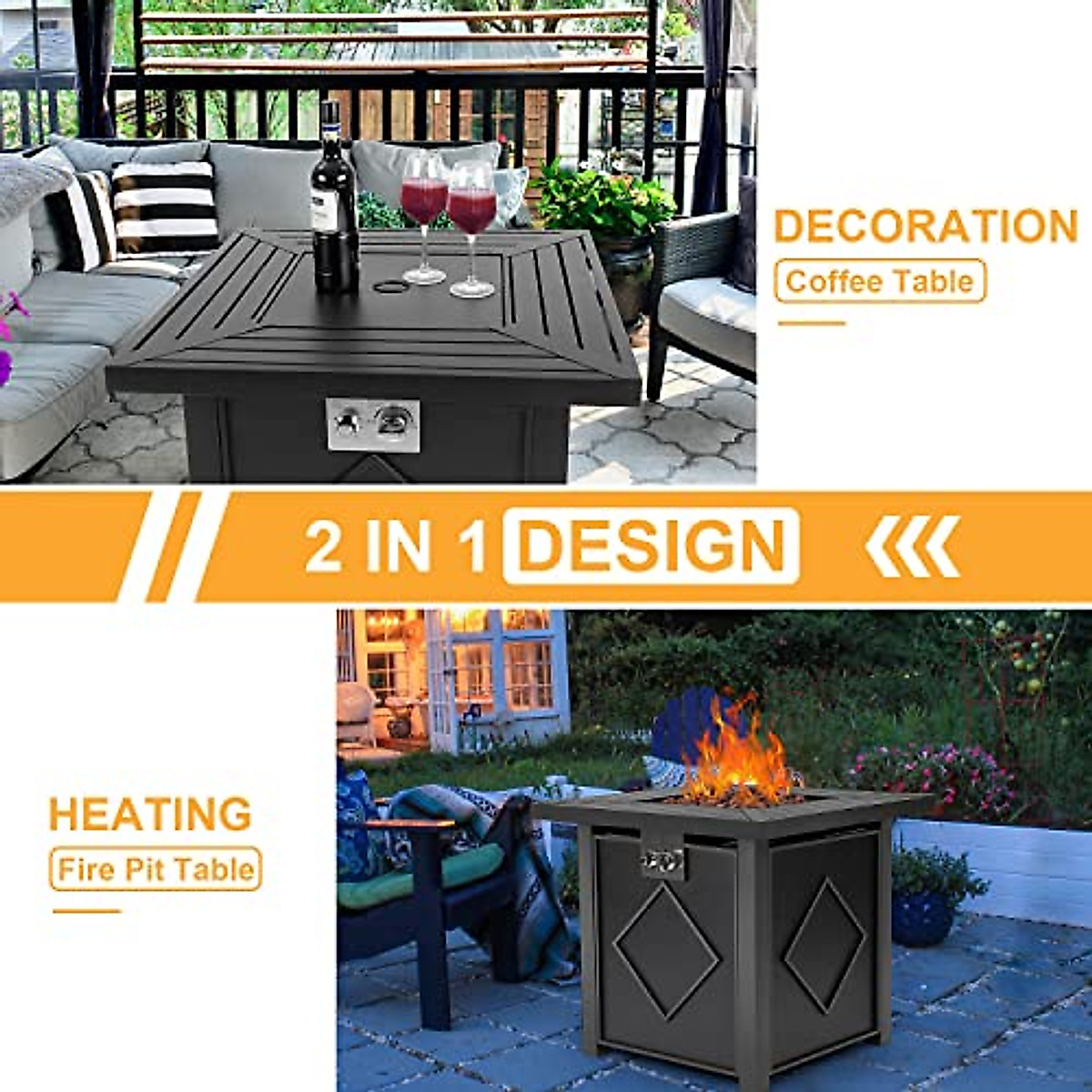 Gas Fire Pit Table, hOmeHua 28 inch Square Auto-Ignition Outdoor Propane Firepit with Cover and Lava Rock,Thick & Strong Striped Steel Tabletop,2 in 1 Fire Table for Patio/Backyard/Party/Deck (Black)