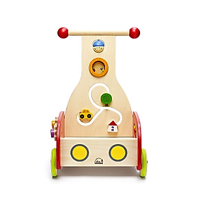 Hape Wonder Walker Push and Pull Toy | Award Winning Wooden Toddler Walking Activity Center, Rolling Baby Walker Toy, Red/Natural