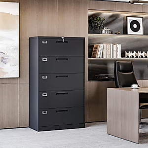 Yizosh 5 Drawer Black File Cabinet with Lock, Filing Cabinet for Home Office, Metal Locking Office File Storage Cabinet with Drawers, Lateral Filing Cabinet Organizer for Letter/Legal/F4/A4