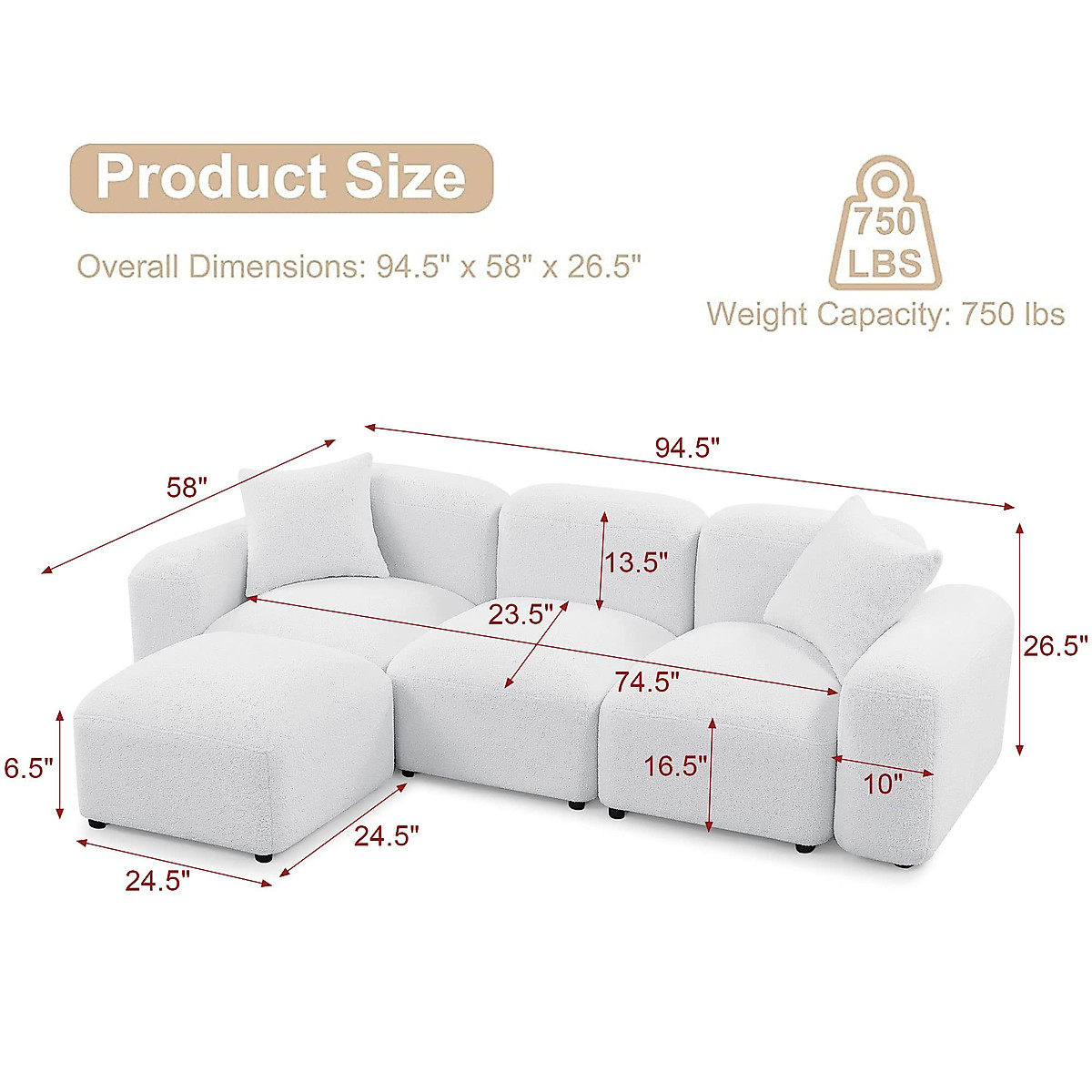 GNIXUU Modular Sectional Sofa, 94.5" Convertible L-Shaped Couch for Living Room, Modern Minimalist Teddy Sherpa Cloud Couches with 2 Comfy Pillows, White