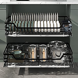 Pull Out Cabinet Drawer Organizer 2-Tier 304 Stainless Steel Wire Basket Pull Out Shelf Storage Organizer Heavy Duty Telescopic Shelving Slide Out Storage for Kitchen Base Cabinet, Cupboard, Pantry (B