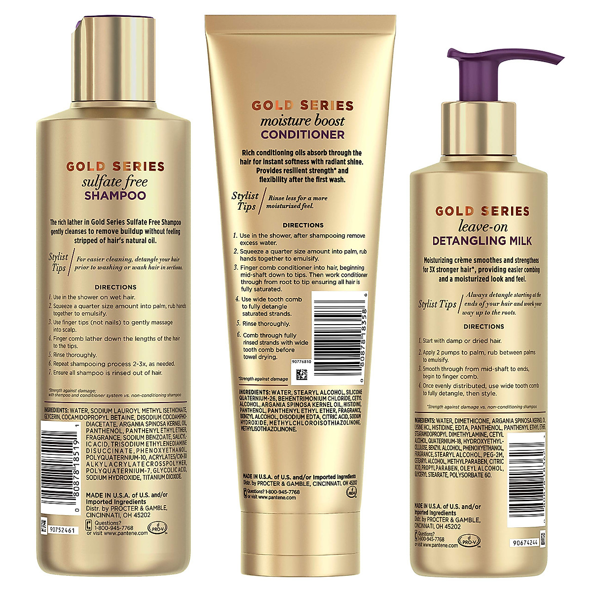 Pantene, Shampoo, Conditioner, and Detangling Milk Hair Treatment Kit, with Argan Oil, Sulfate Free, Pro-V Gold Series, for Natural and Curly Textured Hair