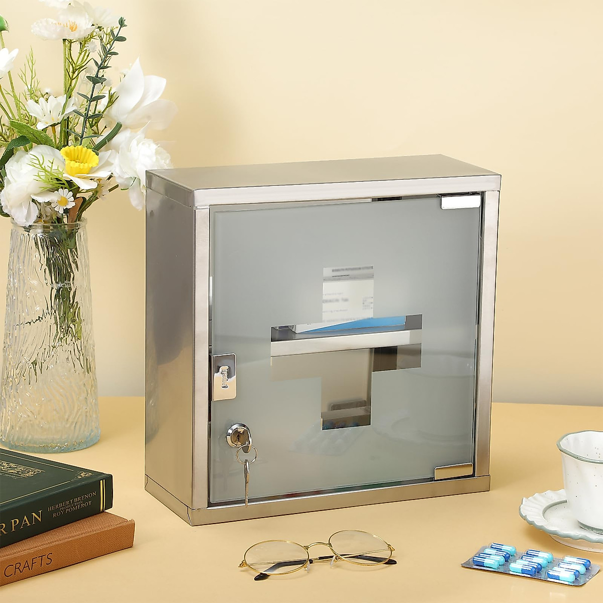 Timgle First Aid Wall Cabinet with Lock Medicine Cabinet Wall Mounted Bathroom Storage Hanging Medical Cabinet with Safety Glass Door for Bathroom Locker Room(Silver, 2 Shelves)