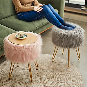 Alessing Grey Vanity Stool Chair with Storage, Faux Fur Storage Ottoman Furry Makeup Stool, Fuzzy Footrest Footstools with 4 Metal Legs & Wood Grain Pallet for Living Room Bedroom Entryway