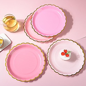 AimFun Pink Scalloped Party Plates Gold Foil Border Paper Plates Disposable 9inch Gradient Pink Plates for Pink Bow Birthday Coquette Bridal Baby Shower Party Supplies (24, Pink)
