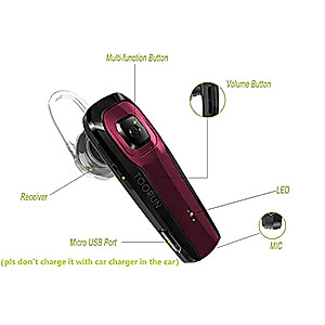 TOORUN Bluetooth Earpiece, M26 Bluetooth Headset Handsfree Wireless Headphone with Noise Cancelling and Microphone Compatible for Android iPhone Cell Phone Laptop - Red