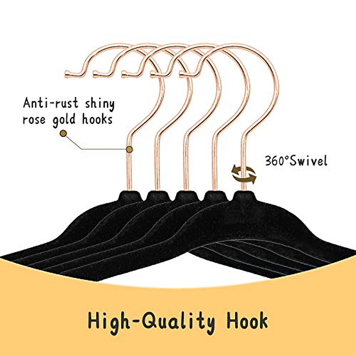 BBFISH Kids Hangers with Rose Gold Hooks, 50Pack Children Velvet Hangers Non Slip Clothes Racks with 7 Pcs Baby Clothing Dividers (Black)