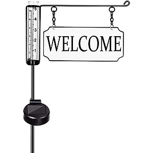 Uitpon 36" Rain Gauge Outdoor Decorative with Solar Powered Light,Metal“Welcome”Yard Sign Stakes with Plastic Rain Measure Gauge for Garden Lawn Decorations