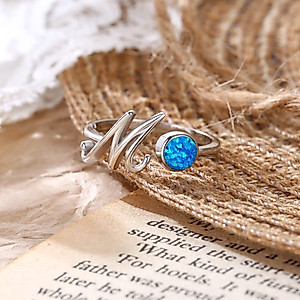FANZE Mothers Day Gifts 925 Sterling Silver Initial Ring Opal Letter Ring for Women Alphabet Open Ring Adjustable Elegant