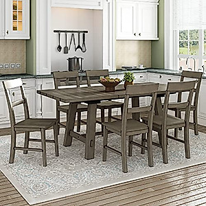Merax 7-Piece Retro Industrial Style Extendable Dining Table Set with 18” Leaf and Six Wooden Chairs, Gray+Brown