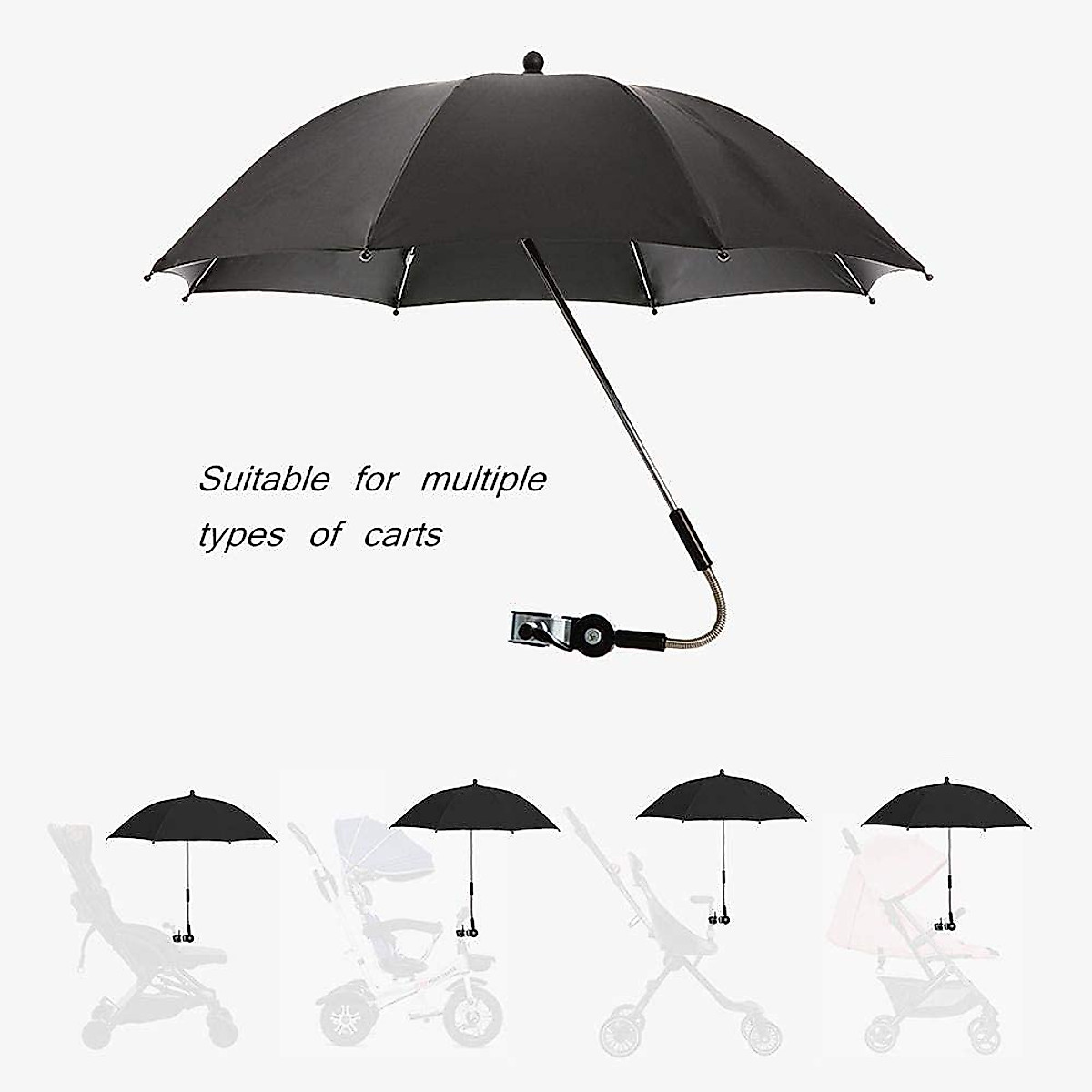 Baby Strollers Umbrella, Waterproof UV Protection Baby Pram Sun Umbrella Canopy Sun Rain Umbrella Parasol with Clip Clamp Strollers Accessories，Suitable for Beach Chairs, Baby Strollers (Black)