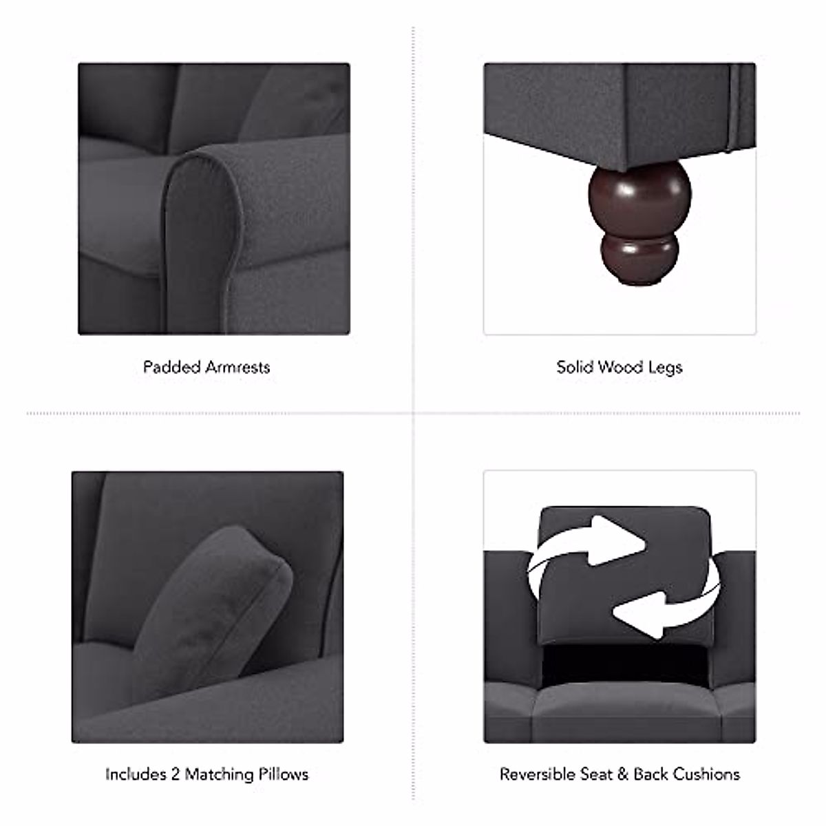 Bush Furniture Hudson 61-inch Stain-Resistant Contemporary Two Person Chair, Long Lasting Comfort Couch, Easy to Assemble Pet-Friendly Living Room Sofa to Lounge, 61W, Charcoal Gray Herringbone