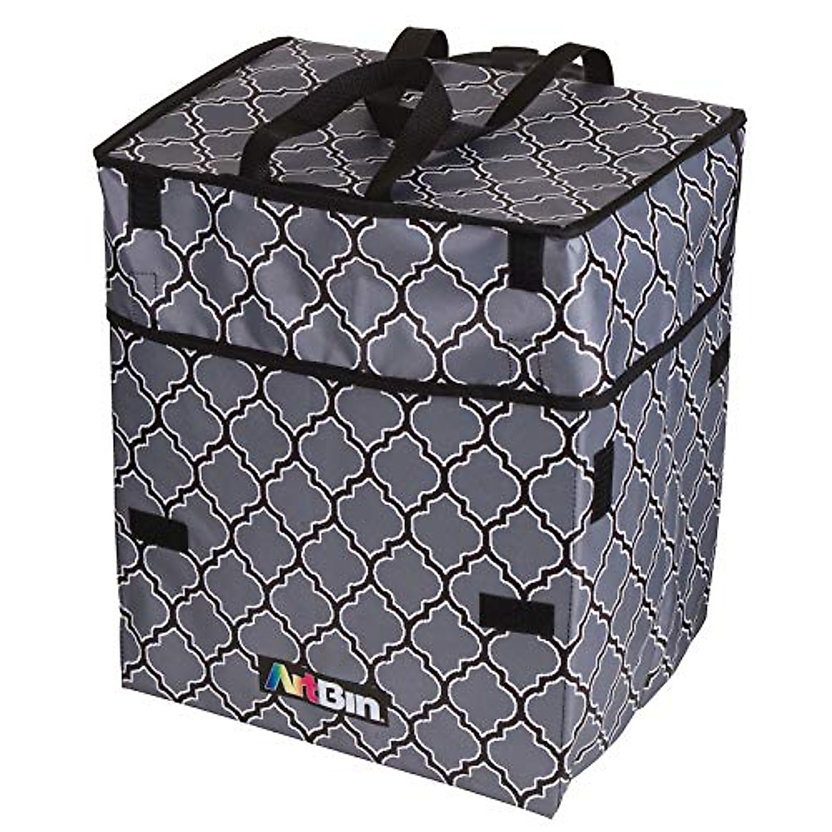 ArtBin 6822AG Rolling Tote, Lightweight Collapsible Art & Craft Storage Tote with Wheels, Retractable Handle, Shoulder Strap, Black/Gray Print