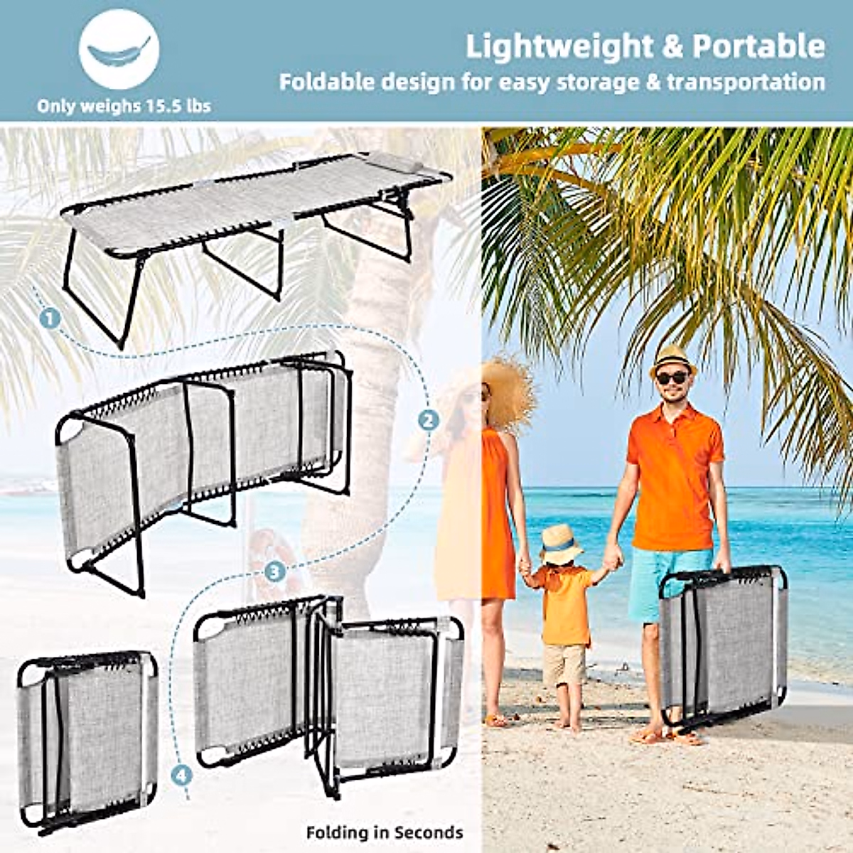 Giantex Patio Lounge Chair Folding Tanning Chair, Sunbathing Chaise Lounge W/Removable Headrest, 4-Gear Backrest, 2-Position Adjustable Anti-Skid Foot-Pads, Portable Camping Beach Chair (1, Gray)