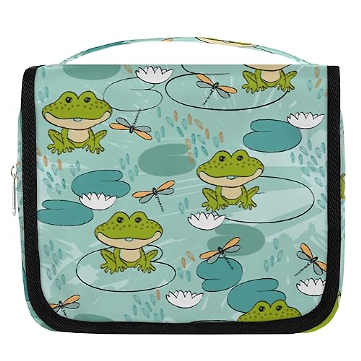 POFATO Frog Dragonfly Lotus Leaf Travel Toiletry Bag Cosmetic Makeup Bag for Women Men Hanging Hook Wash Toiletries Portable Toiletry Bags Organizer