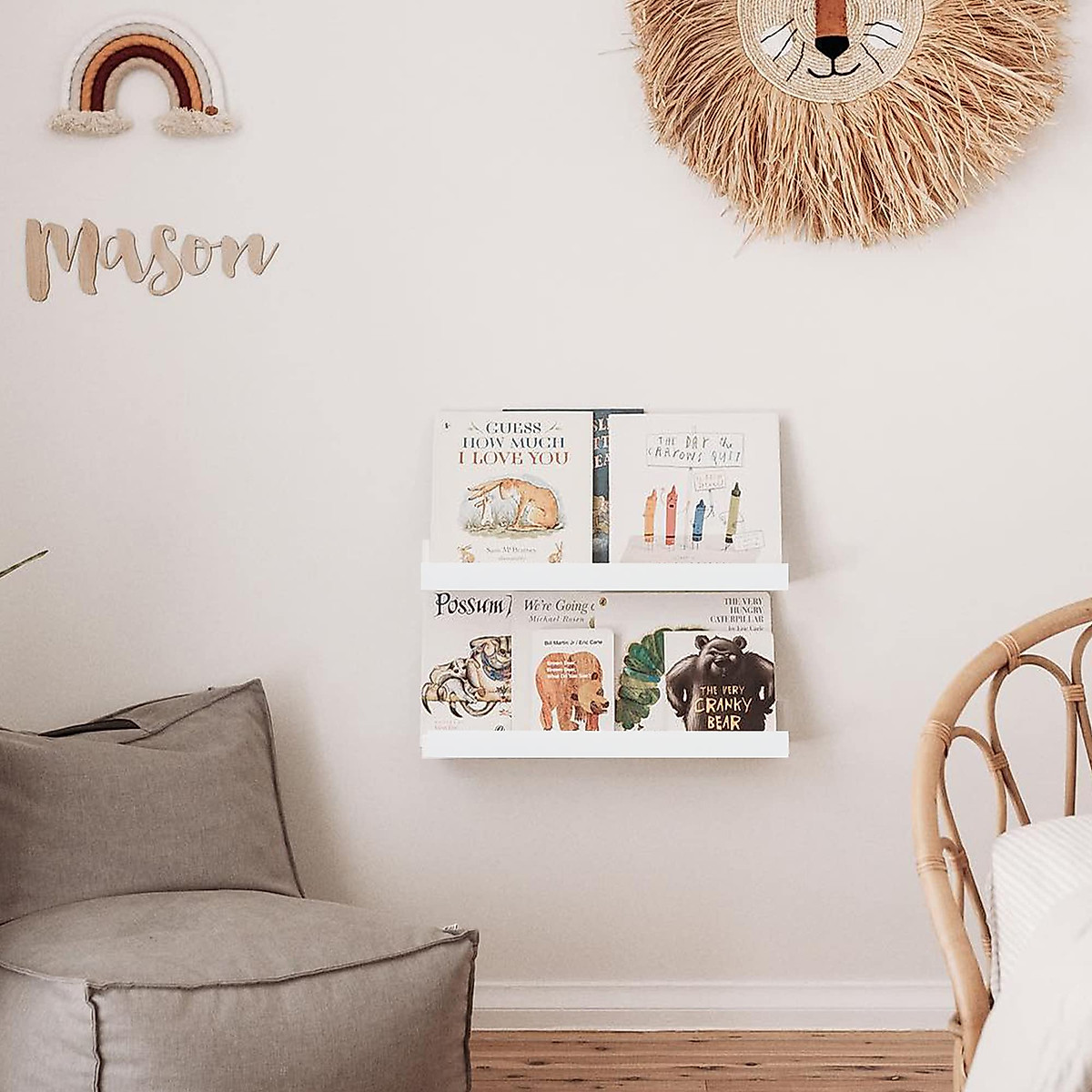 COMAX Kids Floating Book Shelves for Wall Nursery, Hanging Book Shelf Wall Mount Bookshelf Organizer for Kids Room Toddler Baby Bedroom, Small White Floating Shelves Kids Bookshelf Reading Nook