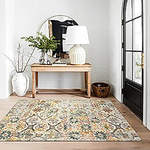 Lahome Boho Machine Washable Rugs - 5x7 Area Rugs for Living Room Non-Slip Throw Bedroom Rug Ultra-Thin Floral Print Dinning Room Rug Large Accent Distessed Floor Carpet for Entrance Kitchen Office