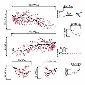 Amimagen Pink Watercolor Cherry Blossom Wall Stickers - Tree Branch Flower Birds Wall Decals - Bedroom Living Room Sofa TV Background Home Wall Decor