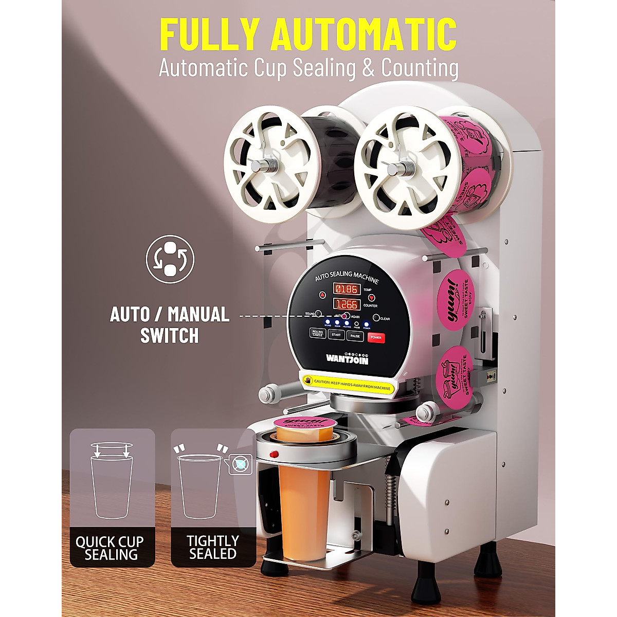 WantJoin Cup Sealing Machine Full Automatic Cup Sealer Machine 89/90/95MM 3.50/3.54/3.74IN Electric White Cup Sealing Machine 500-600 Cups/H(White)