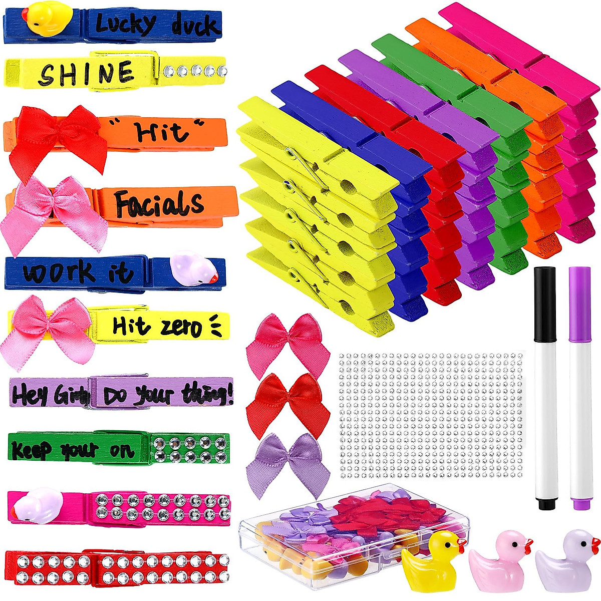 Dingion 60 Set Cheer Pins Spirit Clips Include 60 Wooden Cheer Clothes Pins 30 Mini Resin Ducks 30 Mini Bows and Self Adhesive Stickers Pen Glue Ribbon for Cheerleading Backpacks Cheer Gifts(Colorful)